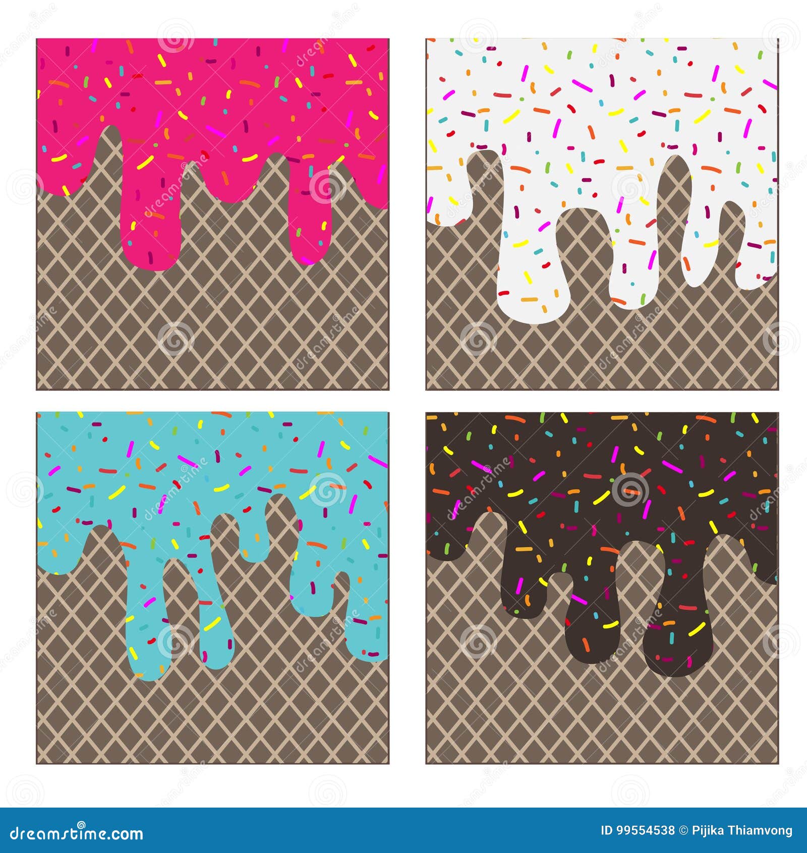 Melt Icing Ice Cream on Waffle Pattern Set. Stock Vector - Illustration ...