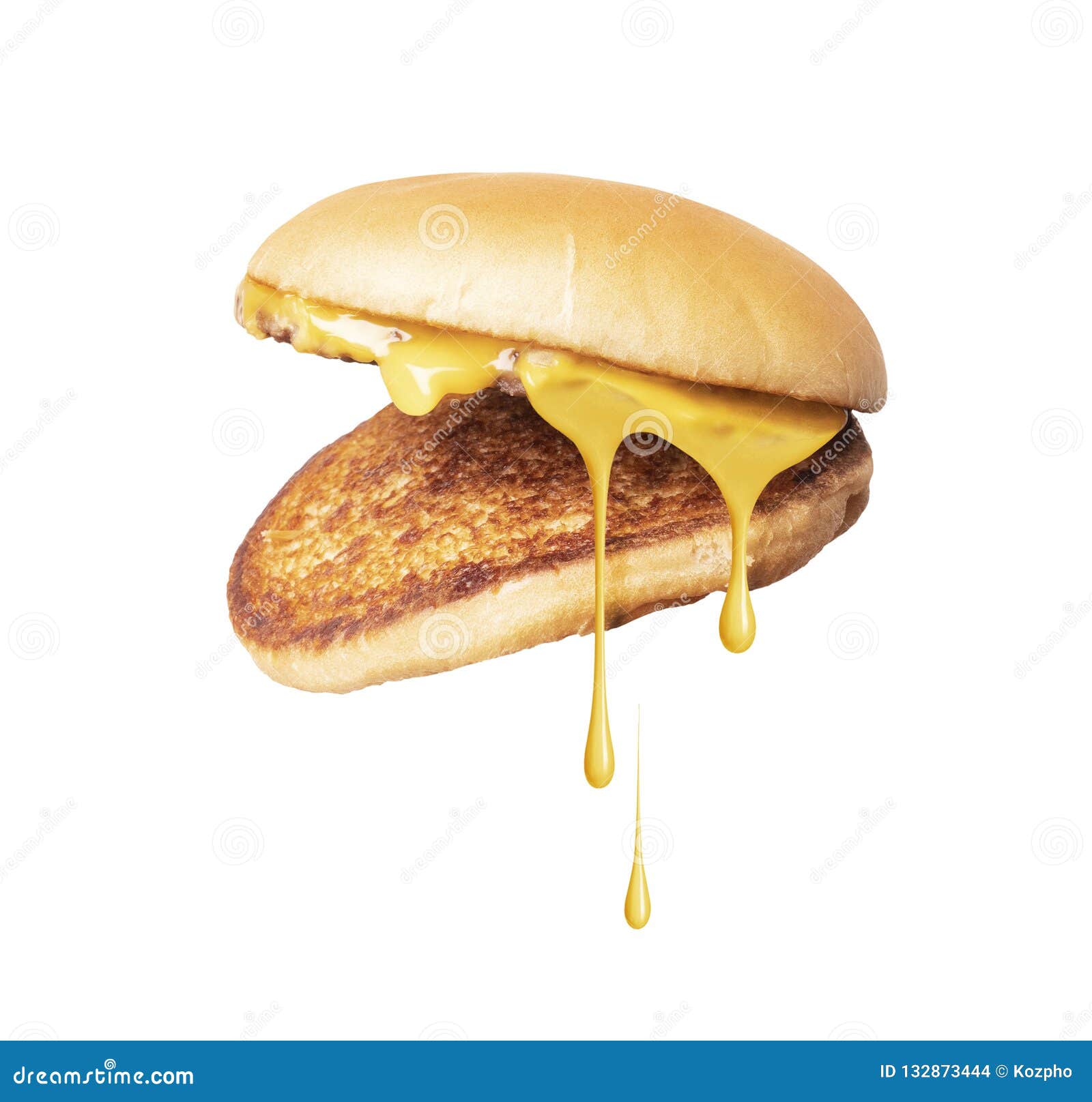 Melted Cheese Flows from Cheeseburger Isolated on White Stock Photo ...