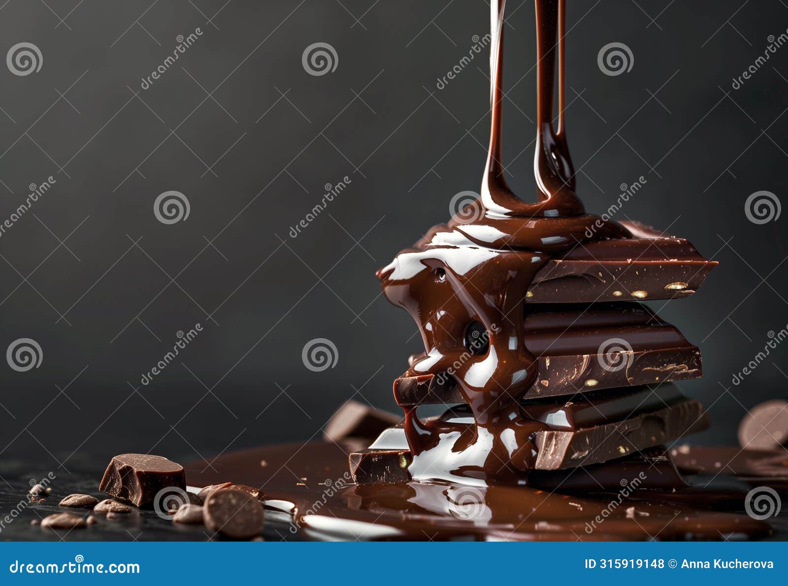 Melted Chocolate Pouring Over Stacked Chocolate Bars on a Dark Surface ...