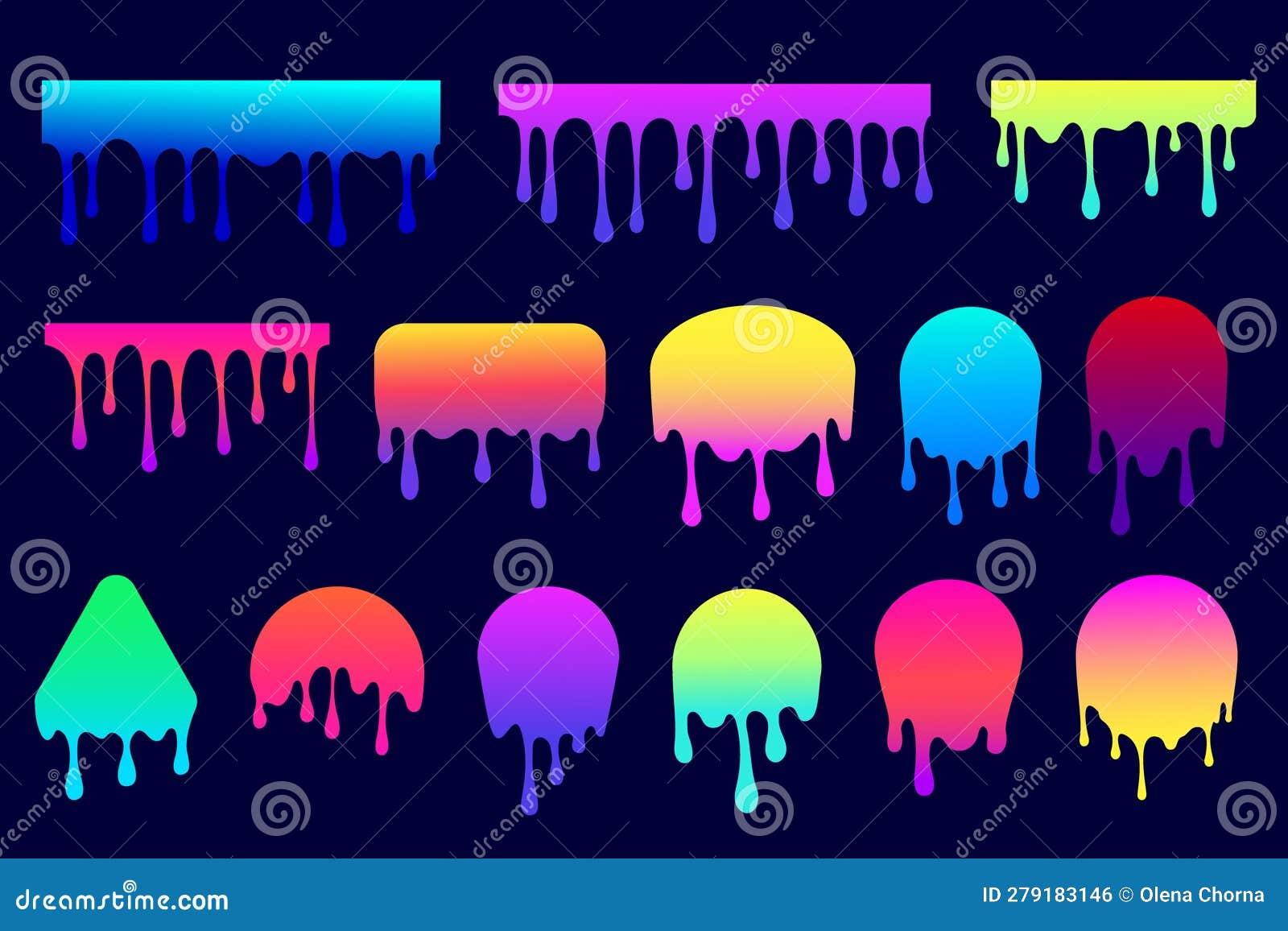 Melted Drips Shapes. Drop Flow of Neon Gradient Liquid. Sauce Chocolate ...