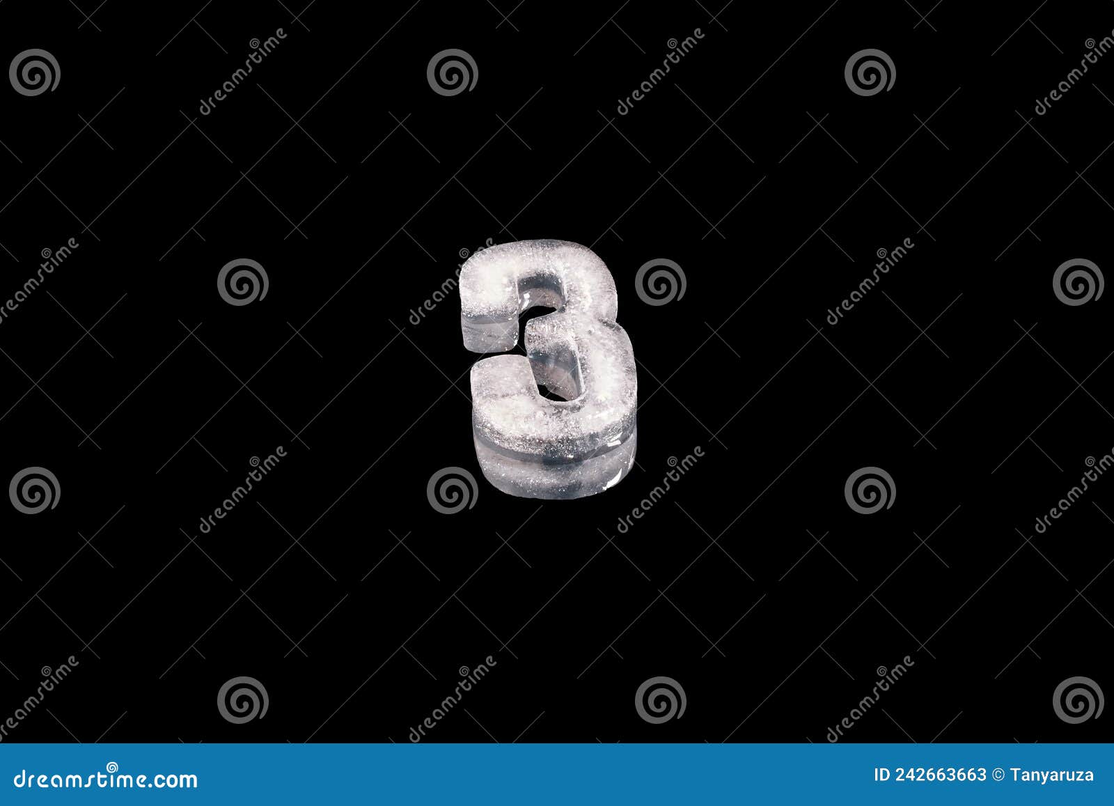The Melted Icy Digit Three on a Black Background with Reflection Stock ...