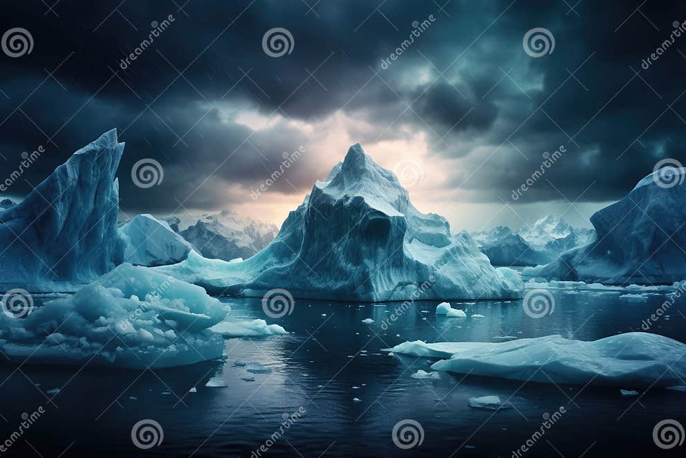Melting Glacier, Blue Icebergs Float. Generative AI Stock Illustration ...