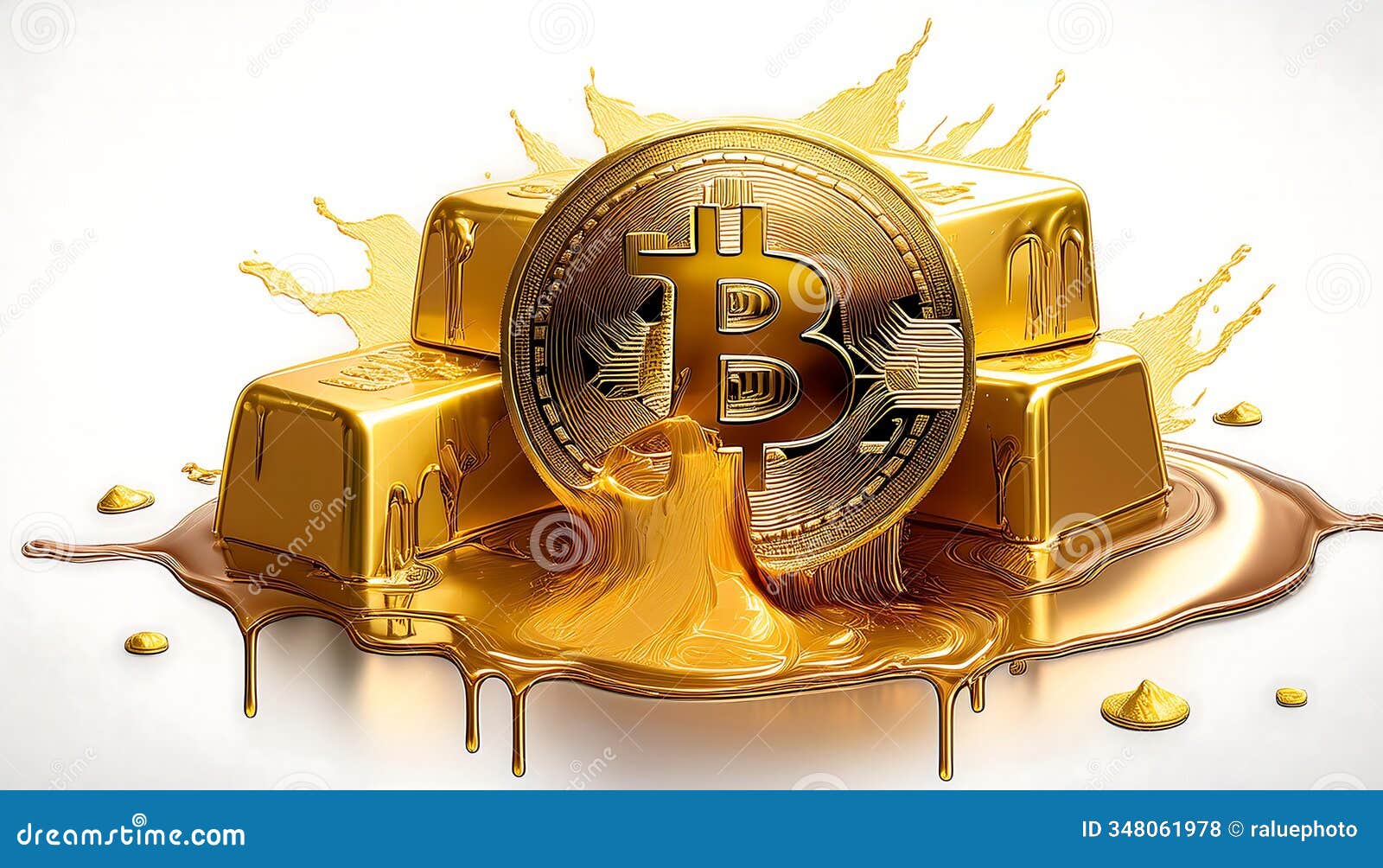 Melting Gold Bars with Molten Gold Flowing Down and Bitcoins Isolated ...