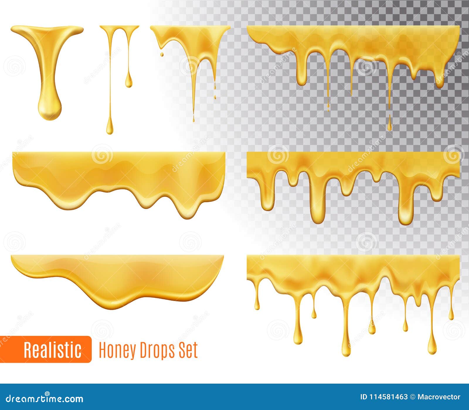 Honey Bee On Drops Isolated On White, Honey Drops And Honeycomb Symbol ...