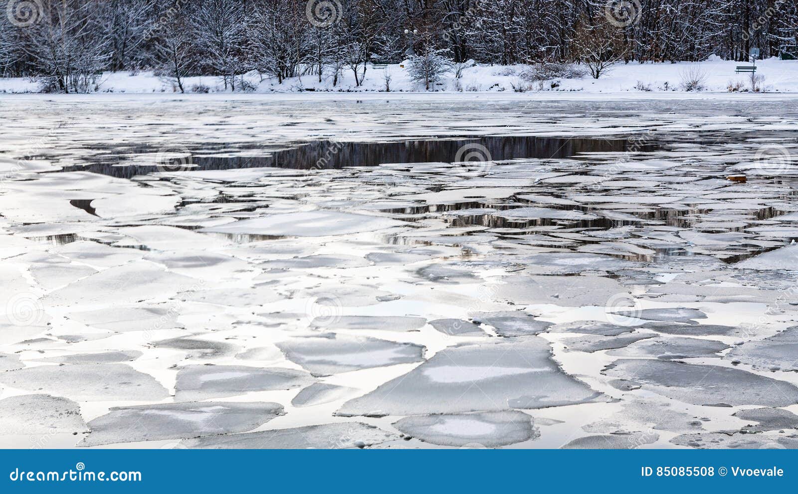 Melting Ice Blocks on Surface of River Stock Photo - Image of evening ...