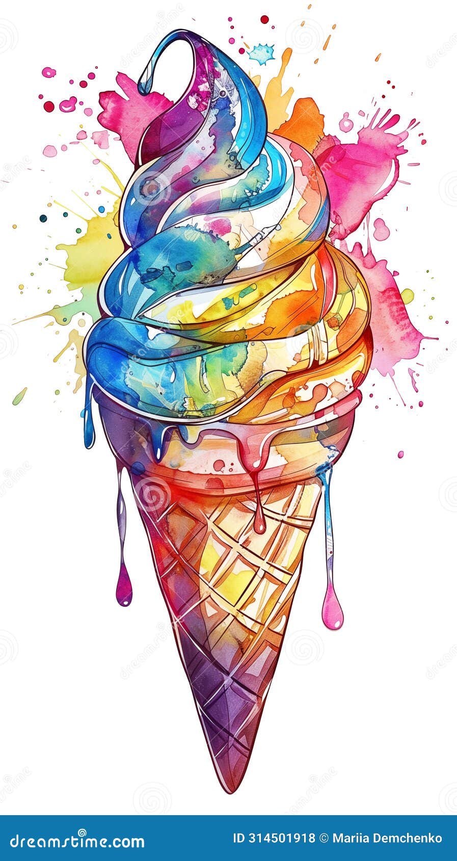 Melting Ice Cream Cone With Splashes Isolated On White Background Stock