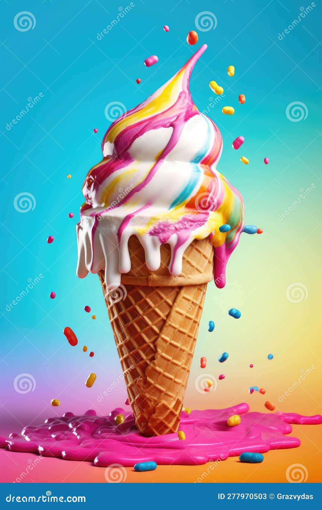 Melting Ice Cream In Wafer Cone On Colorful Background Ai Generated