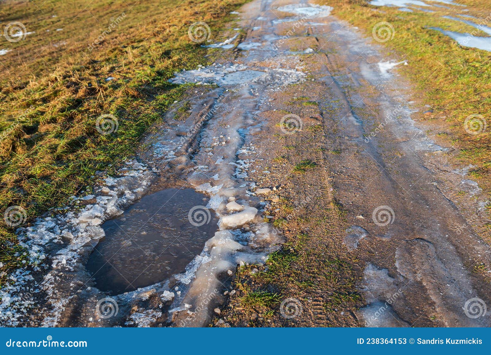 Melting Ice and Puddle on a Country Road in Winter Day Stock Image ...