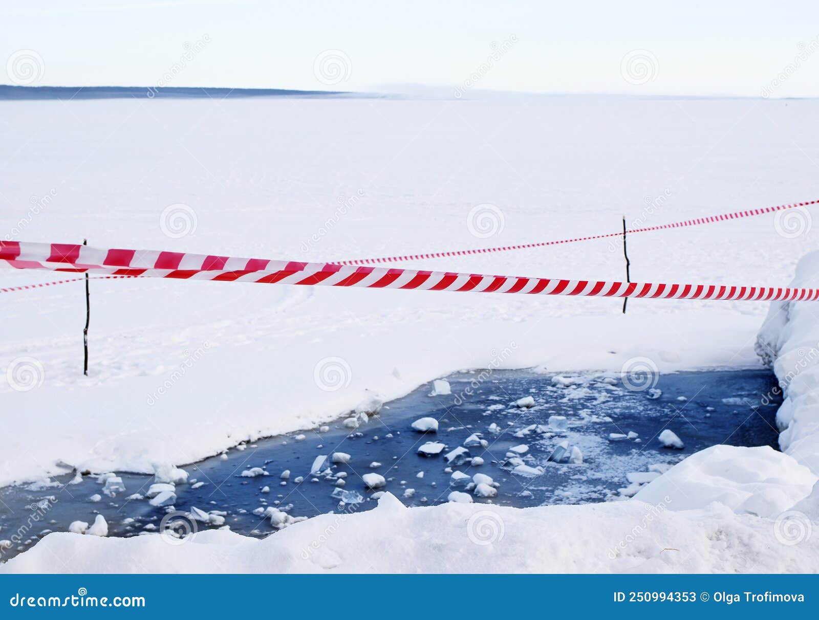 Melting of Ice on the Reservoir. Thin Ice Warning Sign Stock Image ...