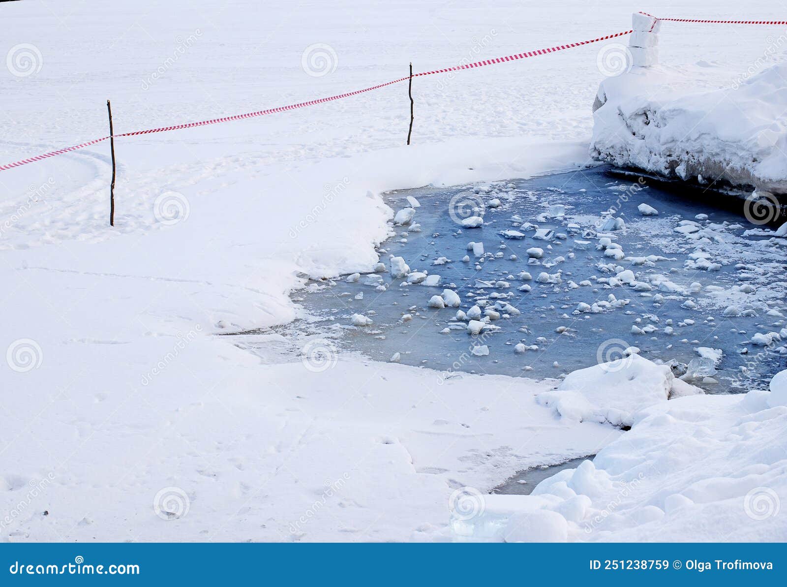 Melting of Ice on the Reservoir. Thin Ice Warning Sign Stock Image ...