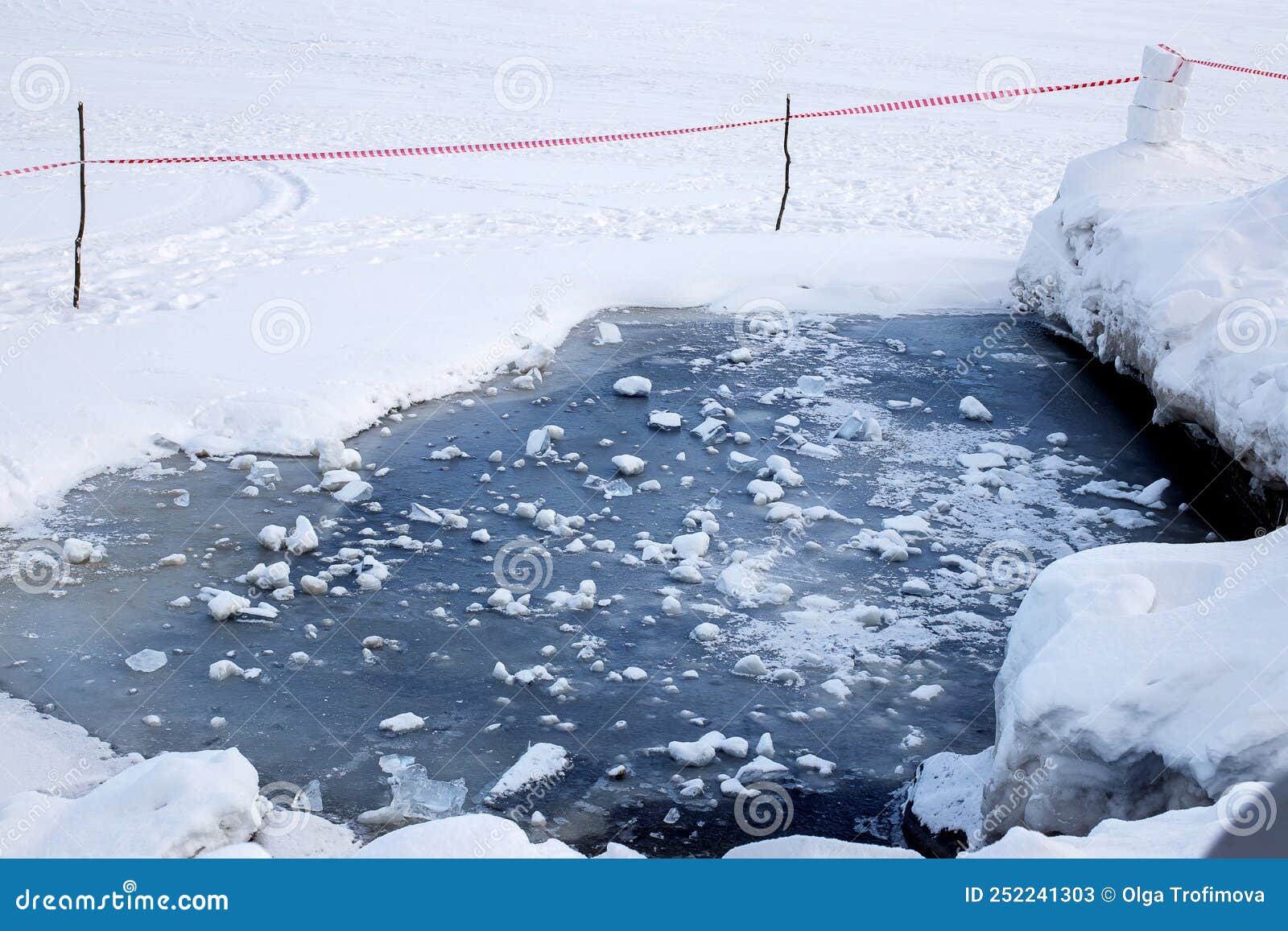 Melting of Ice on the Reservoir. Thin Ice Warning Sign Stock Image ...