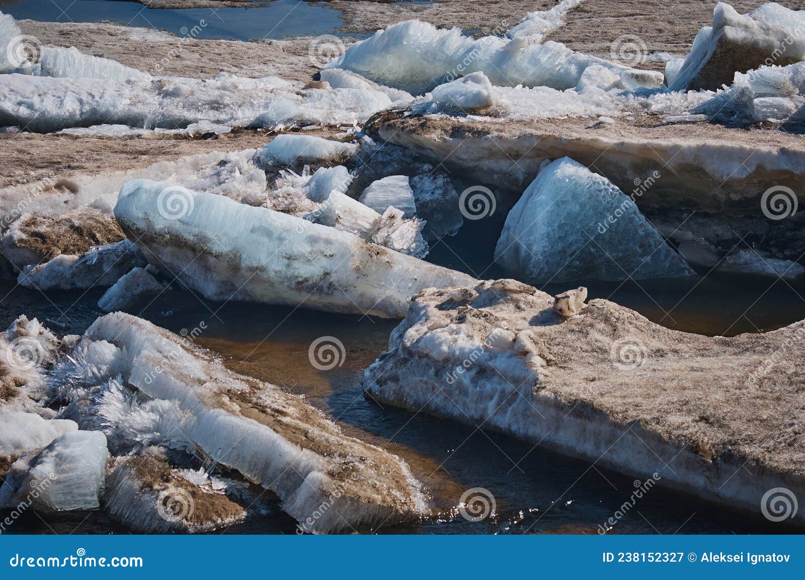 Melting Ice on the River in Spring. Ice Drift Time. Natural Structure ...