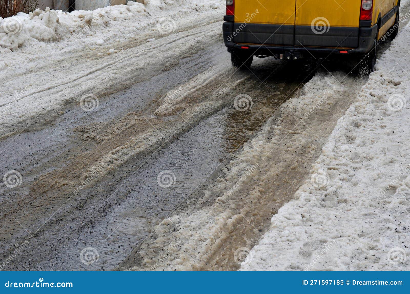 Melting Layer of Snow on Road Creates Deep Ruts through Which the Stock ...