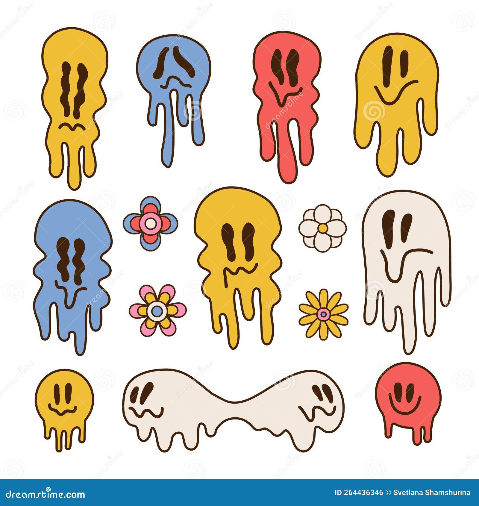 Melting Psychedelic Smiling Faces Set, Colorful Dripping Groovy ... Melting Psychedelic Smiling Faces Set, Colorful Dripping Groovy ...