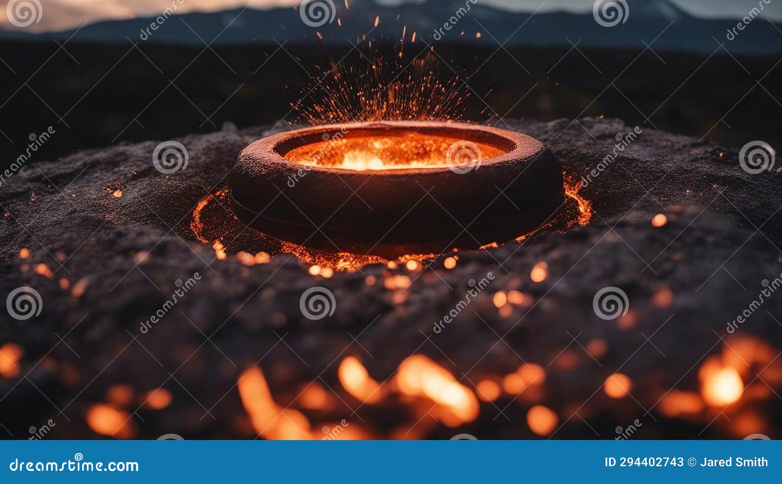 A Melting Ring of Fire from an Erupting Volcano, Sending Sparks and Ash ...