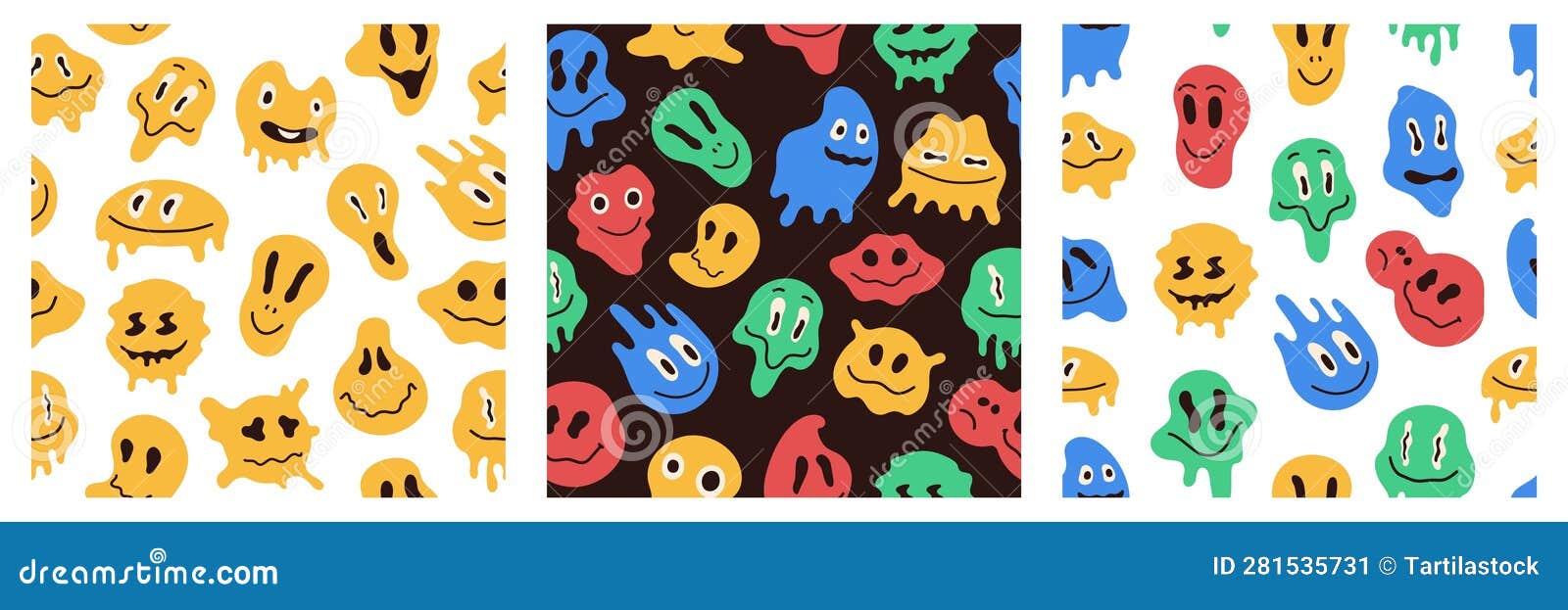 Melting Smiley Pattern. Seamless Print of Groovy Smiley and Angry Faces ...