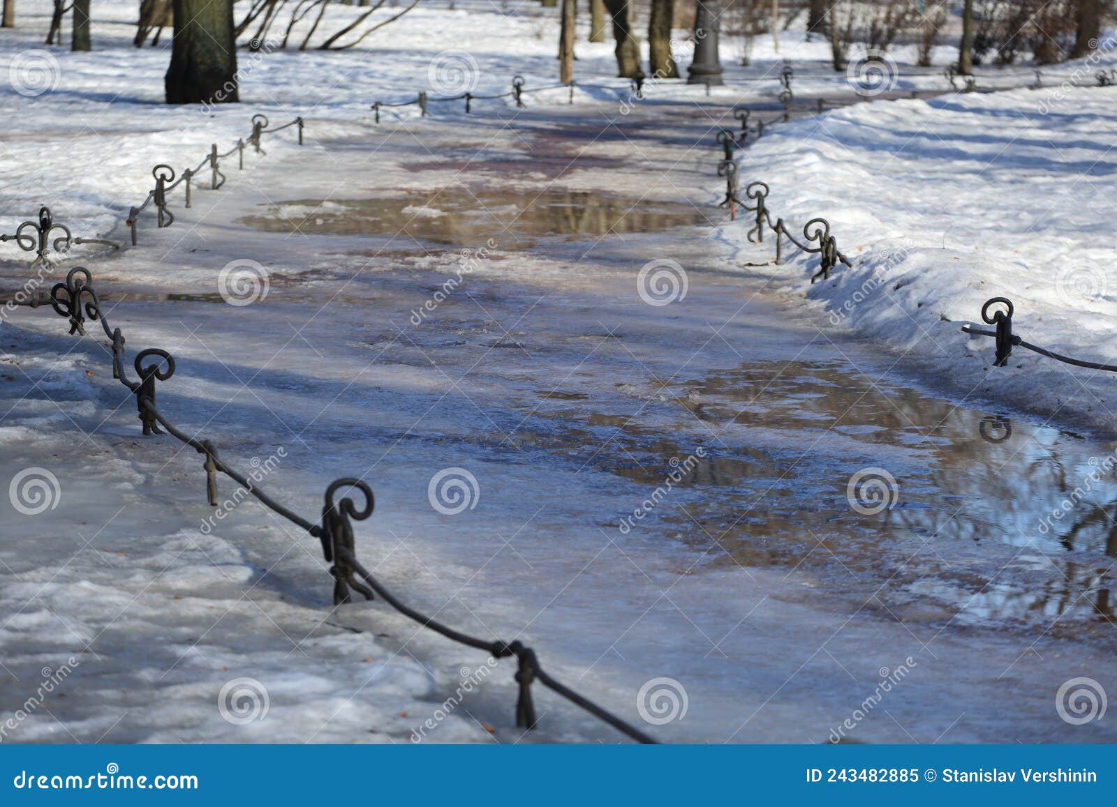 Melting of Snow and Ice on the Park Path in Spring Stock Image - Image ...