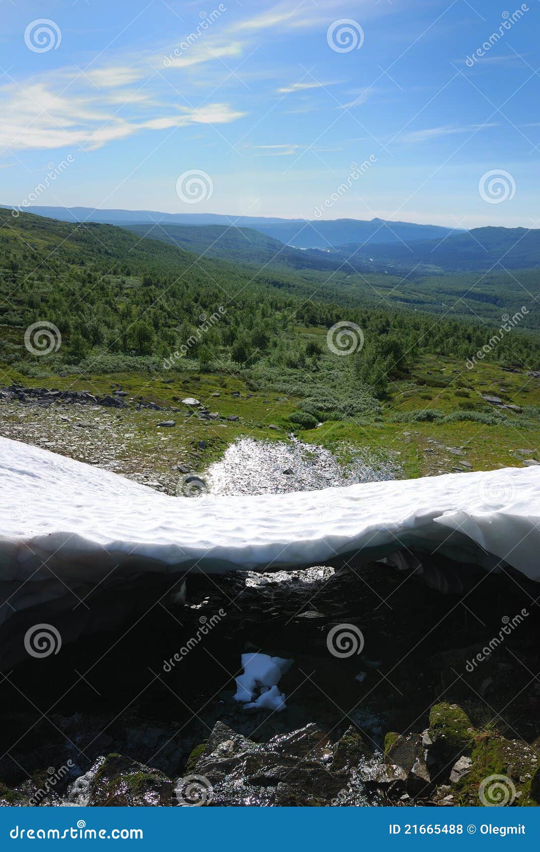 Melting Snowfield Against the Green Hills. Stock Photo - Image of ...