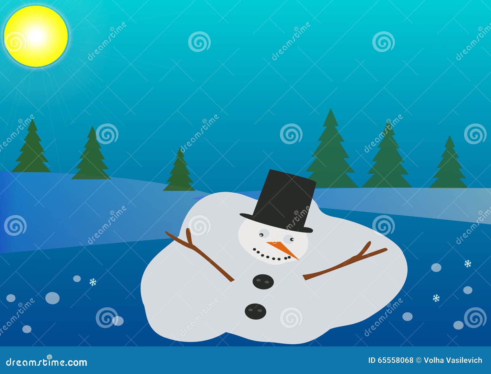 Melting Snowman on the Snowy Blue Background with Sun. Stock Vector ...