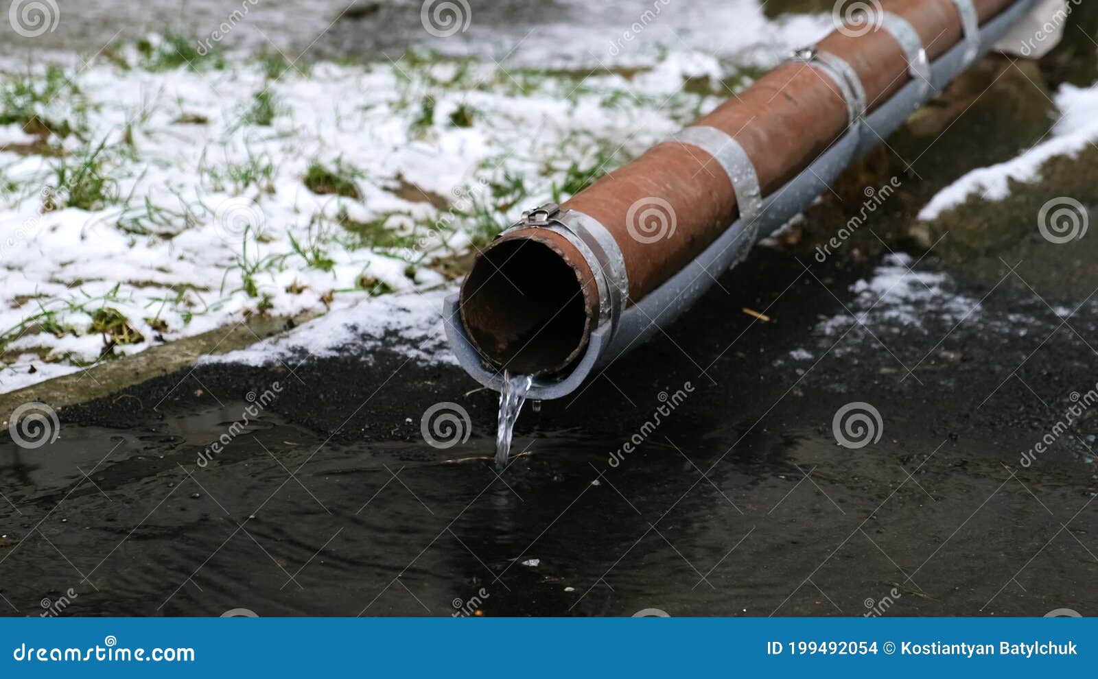 Meltwater Flows through a Storm Drain Pipe . Concept of the Onset of ...