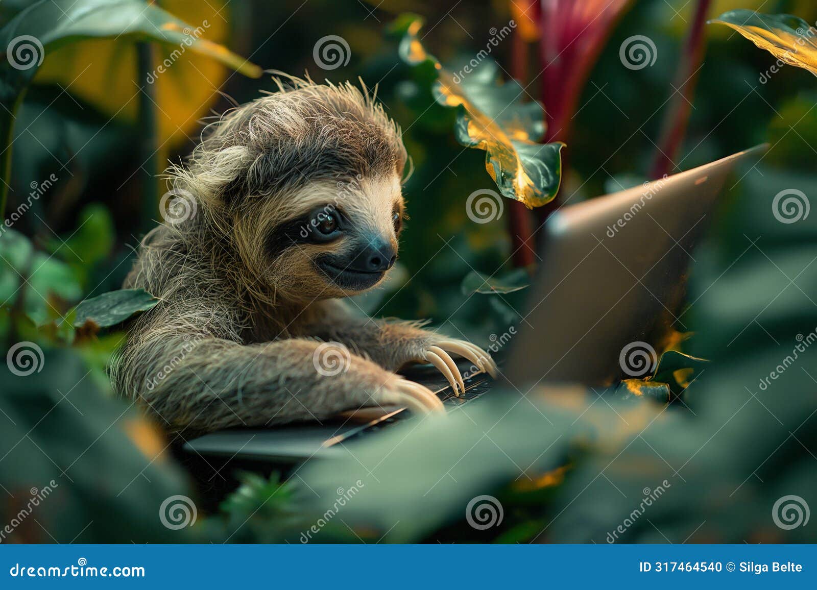 A Meme of a Cute Sloth Engaging with a Laptop Amidst Lush Greenery ...