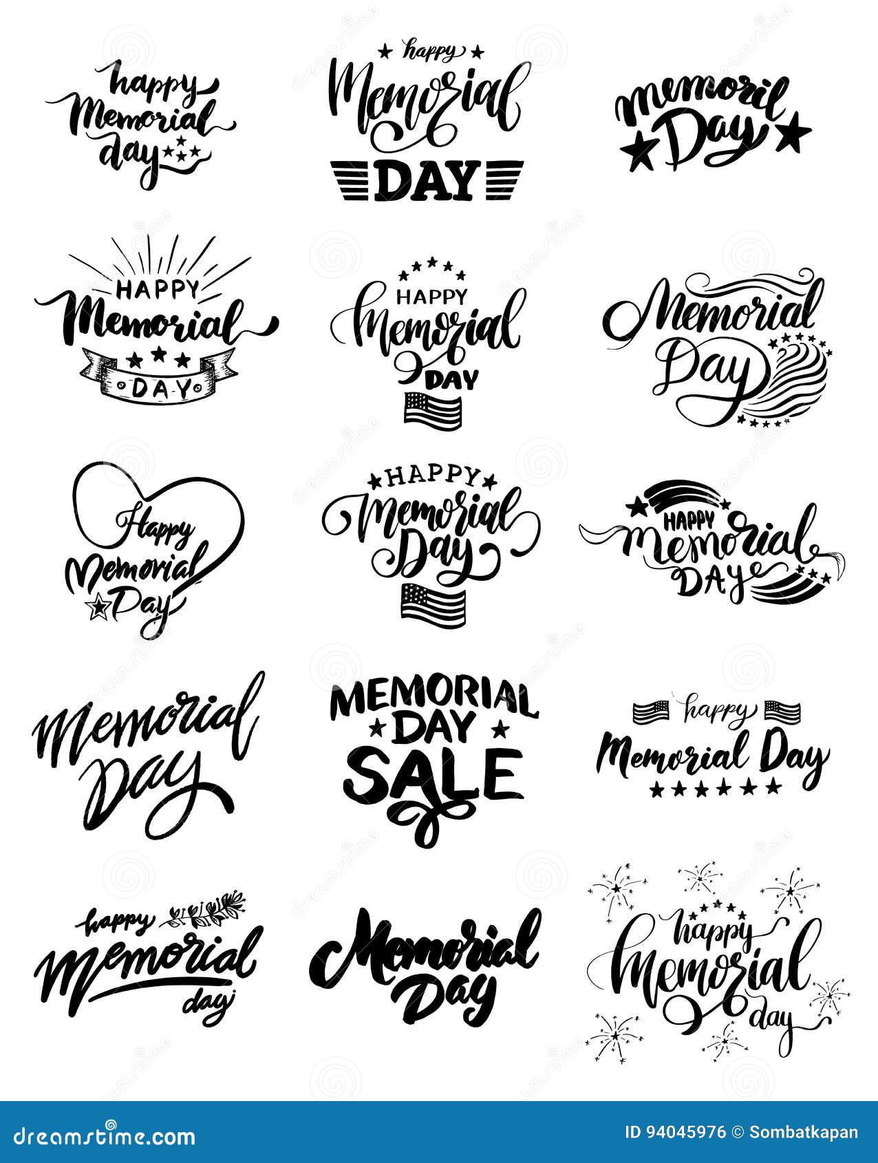 Memorial Day Lettering Set. Stock Vector - Illustration of american ...