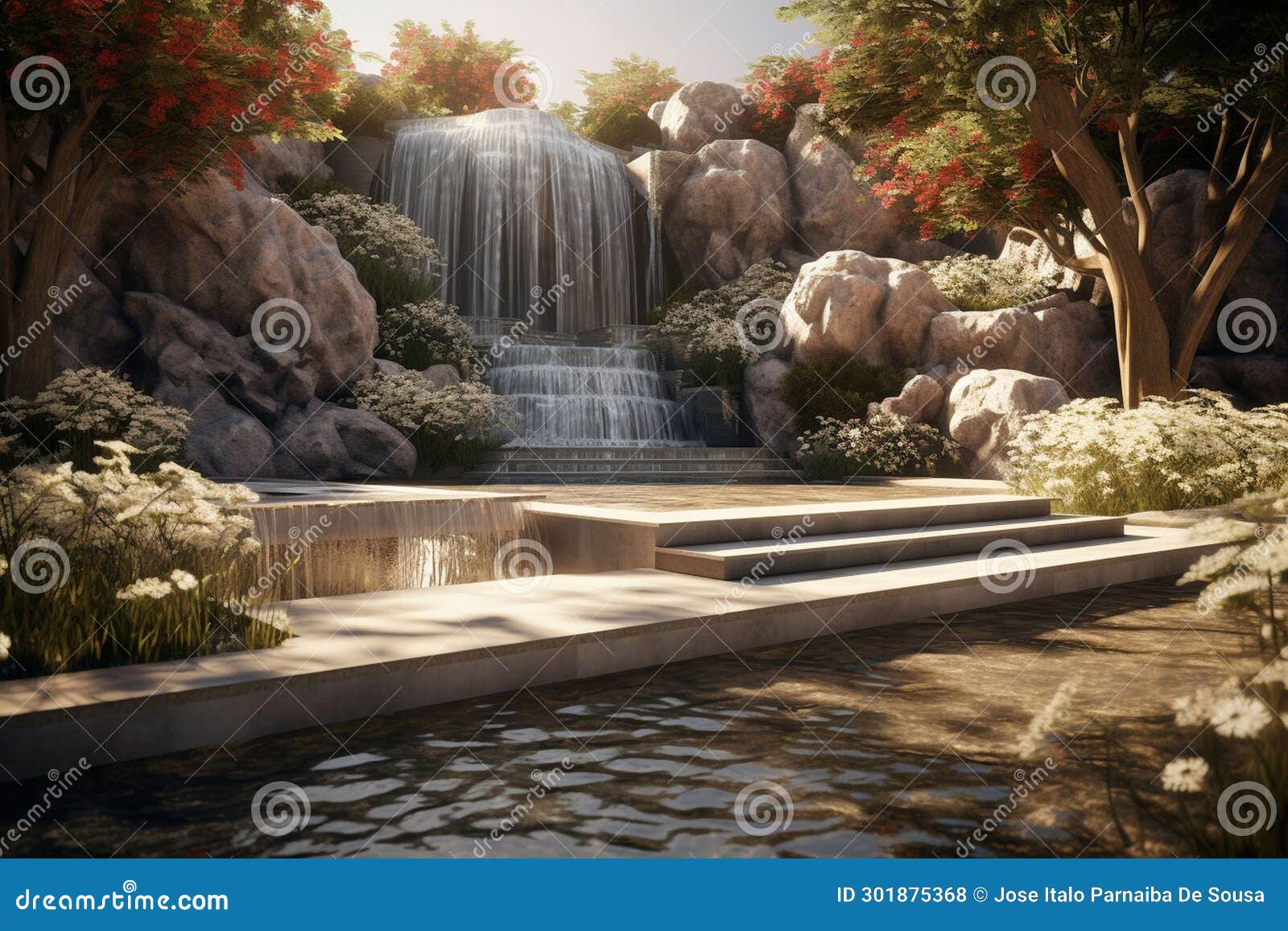 Memorial Garden with Cascading Waterfall a Stock Illustration ...