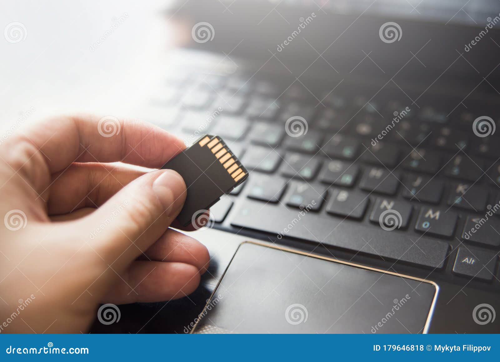 Memory Card in Hand, Laptop, Keyboard. Flash Drive Information. Data ...