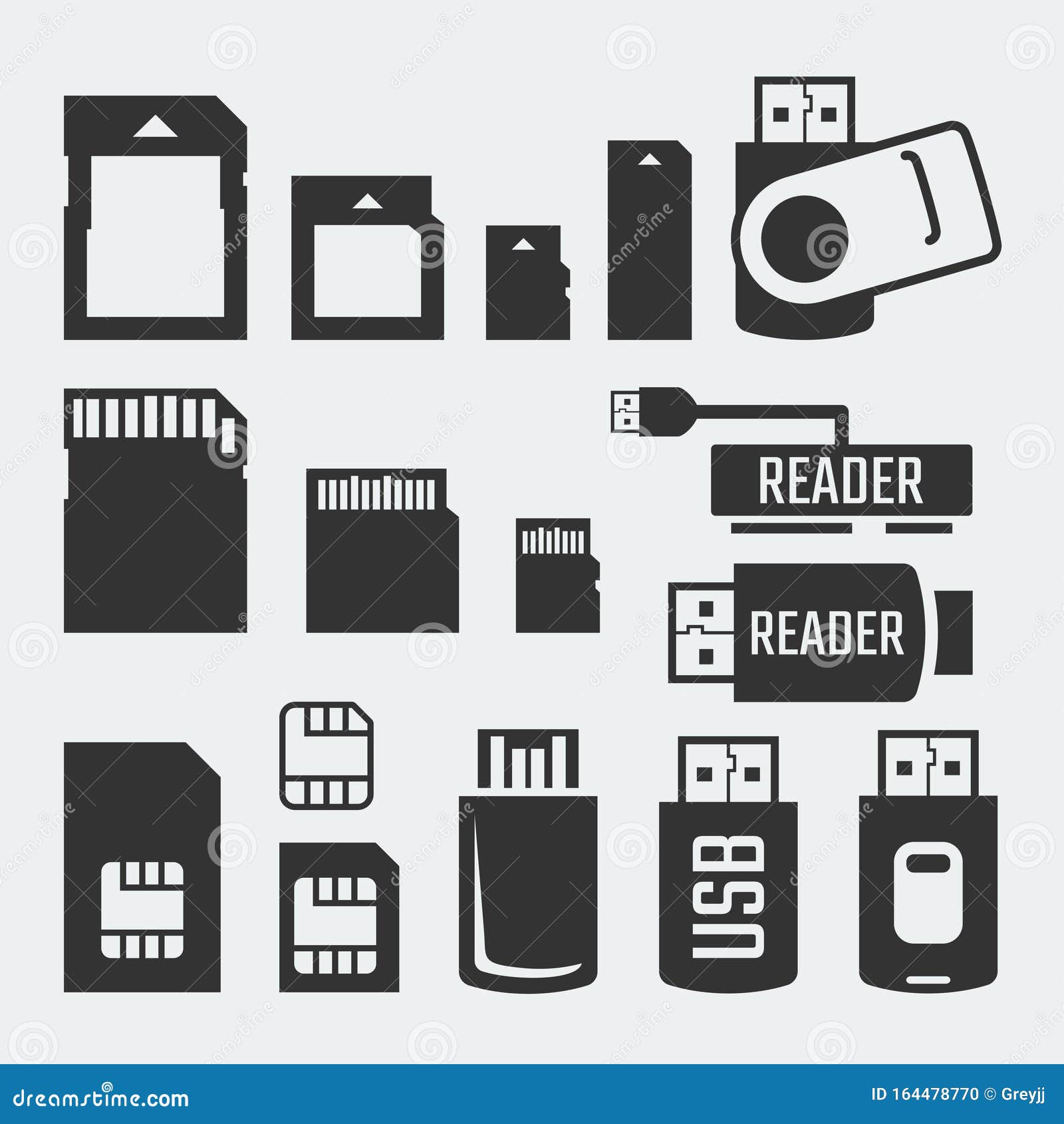 Memory Cards, Sticks, Readers and SIM Cards Silhouettes Stock Vector ...