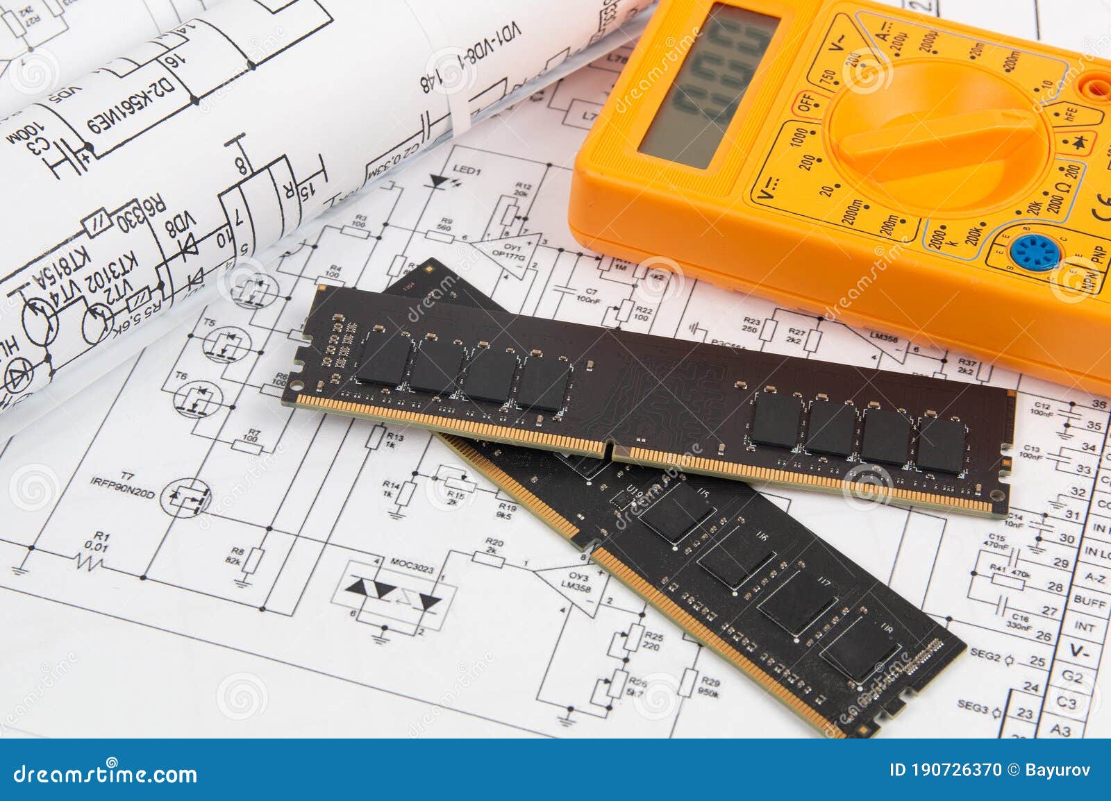 Module DIMM Type DDR4 and Digital Multimeter on Paper Electronics ...