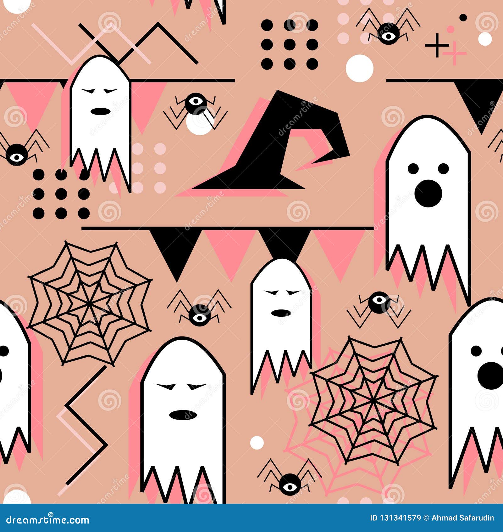 Cute Halloween Pattern with Ghost and Spider Web. Geometric Style of ...