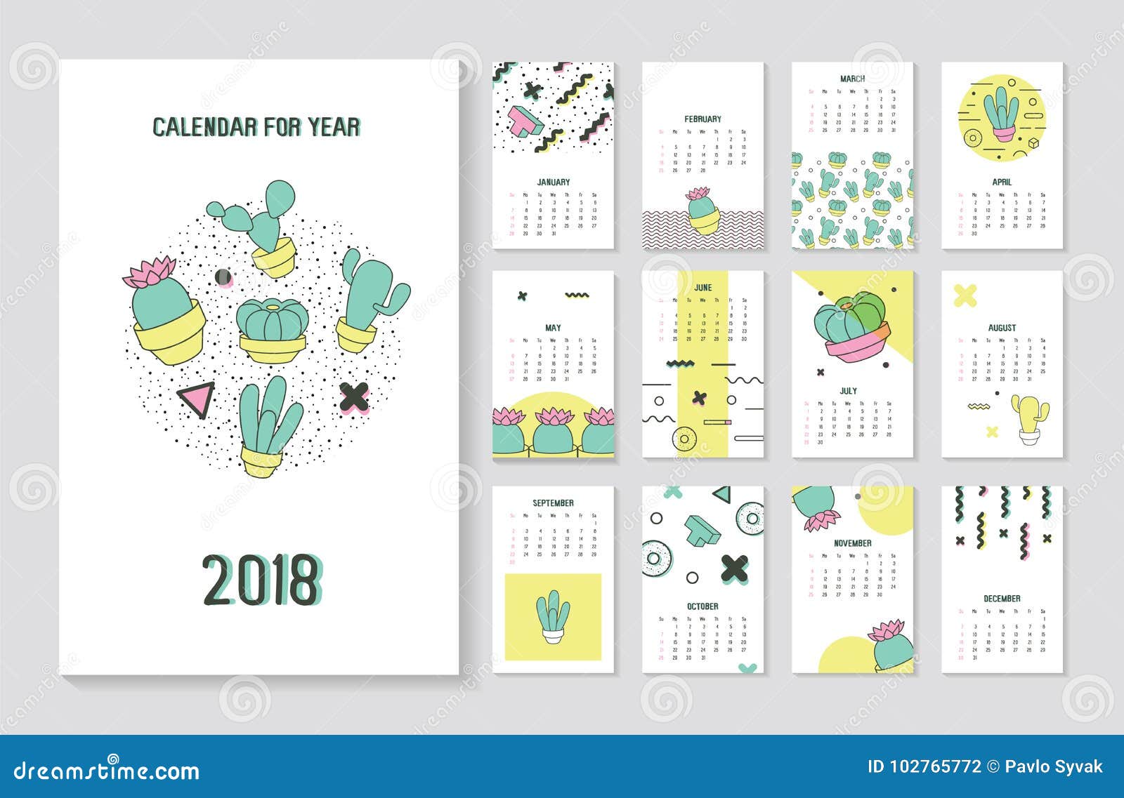 Memphis Style Abstract 2018 Year Calendar with Geometric Elements Stock ...