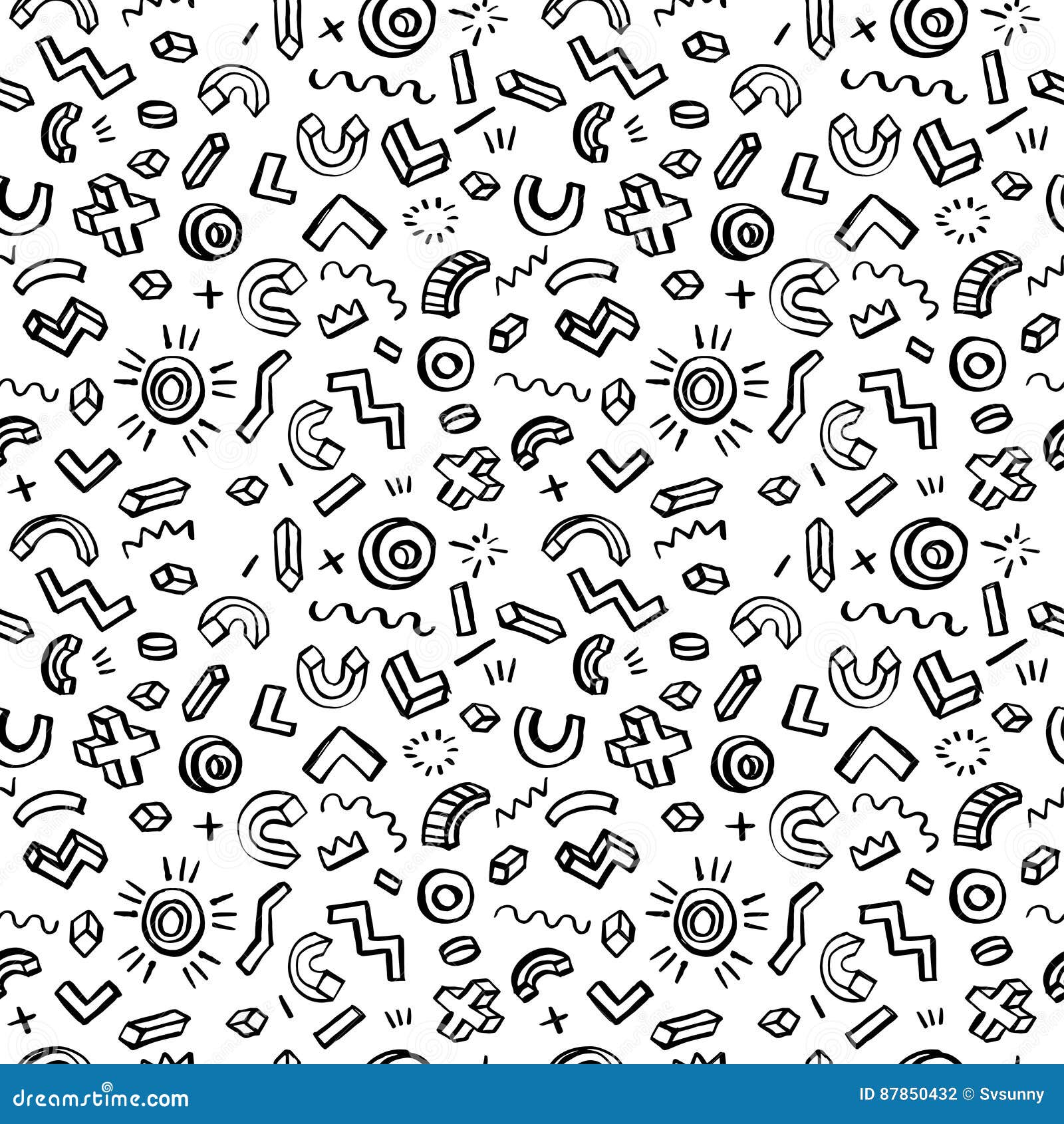 Memphis Style Eamless Geometric Hand Drawn Ink Pattern. Vector ...