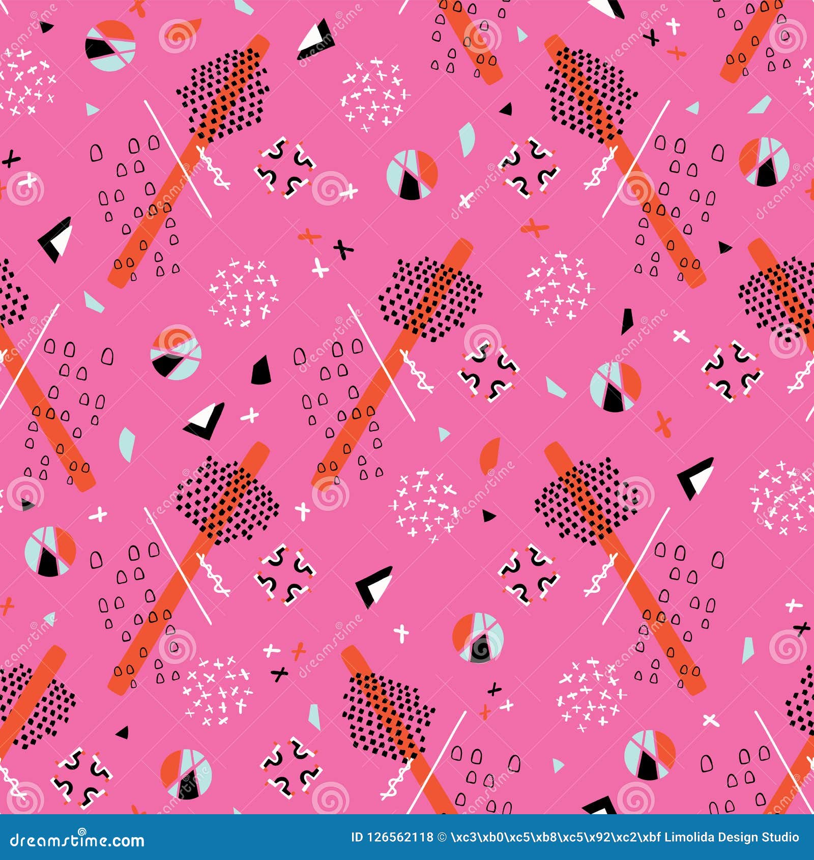 Memphis Style Geometric Abstract Seamless Vector Pattern Bright Pink ...