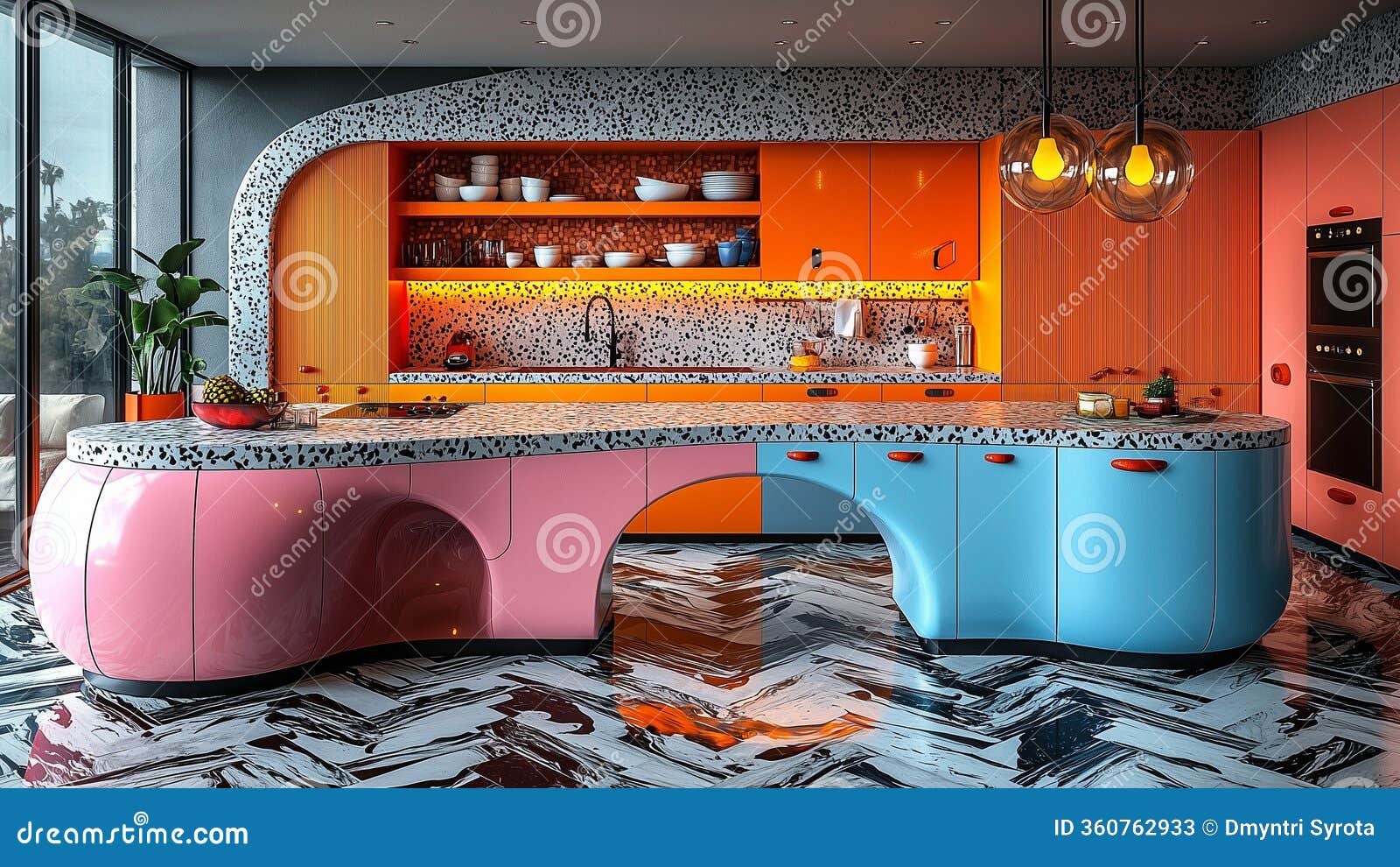 Memphis-style Kitchen Interiors with Terrazzo Surfaces Stock ...