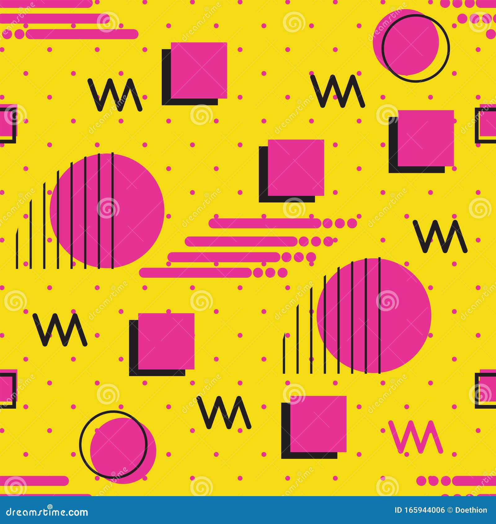 Memphis Style Repeat Seamless Pattern of Geometric Shapes Pink with ...