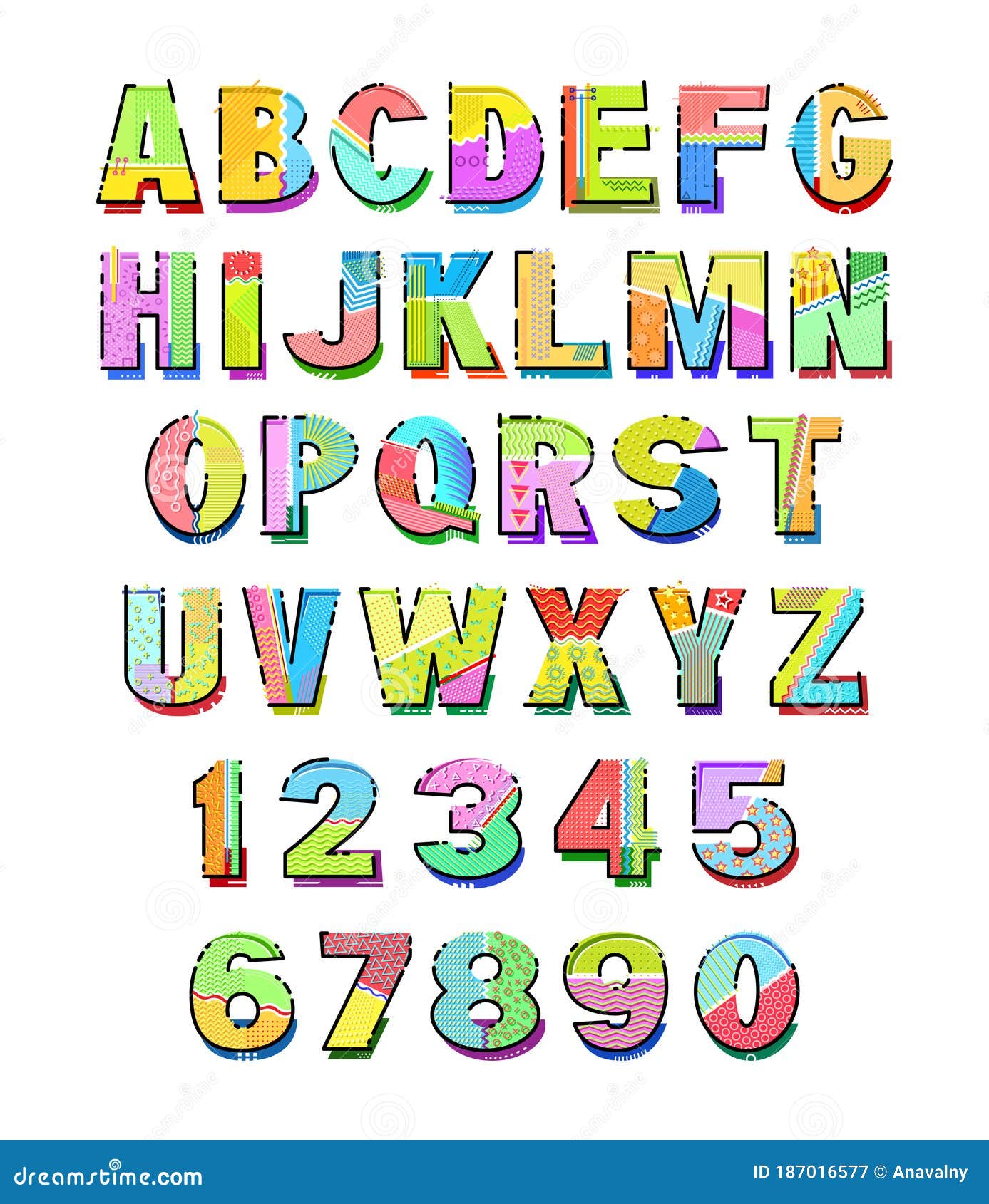 Memphis Style Alphabet. Uppercase Letters and Numbers Stock Vector ...