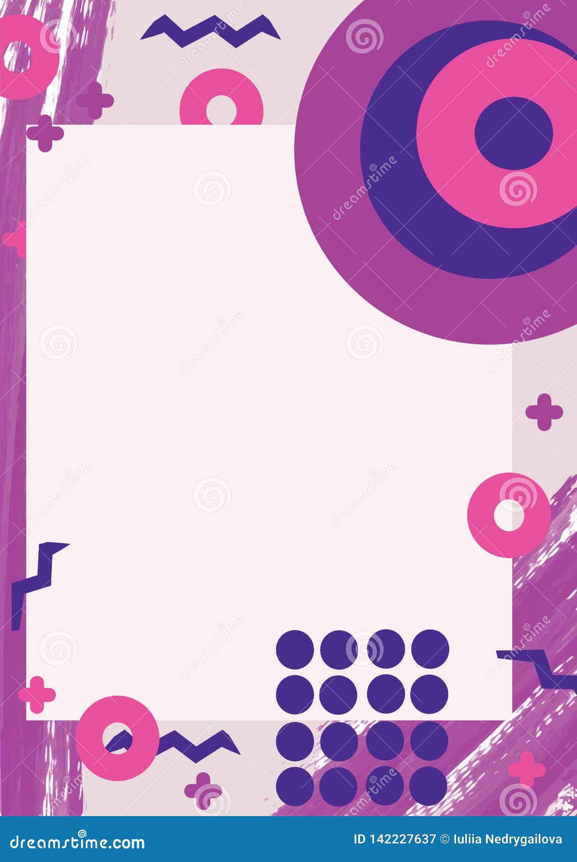 Memphis Style Template with Geometric Pattern in Pink and Purple Colors ...