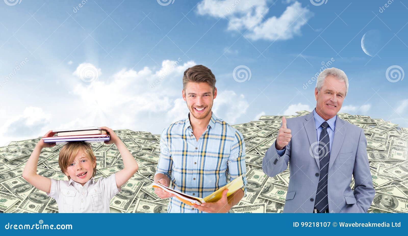 Men of Age Generations Growing Up with Money Dollars and Sky Stock ...
