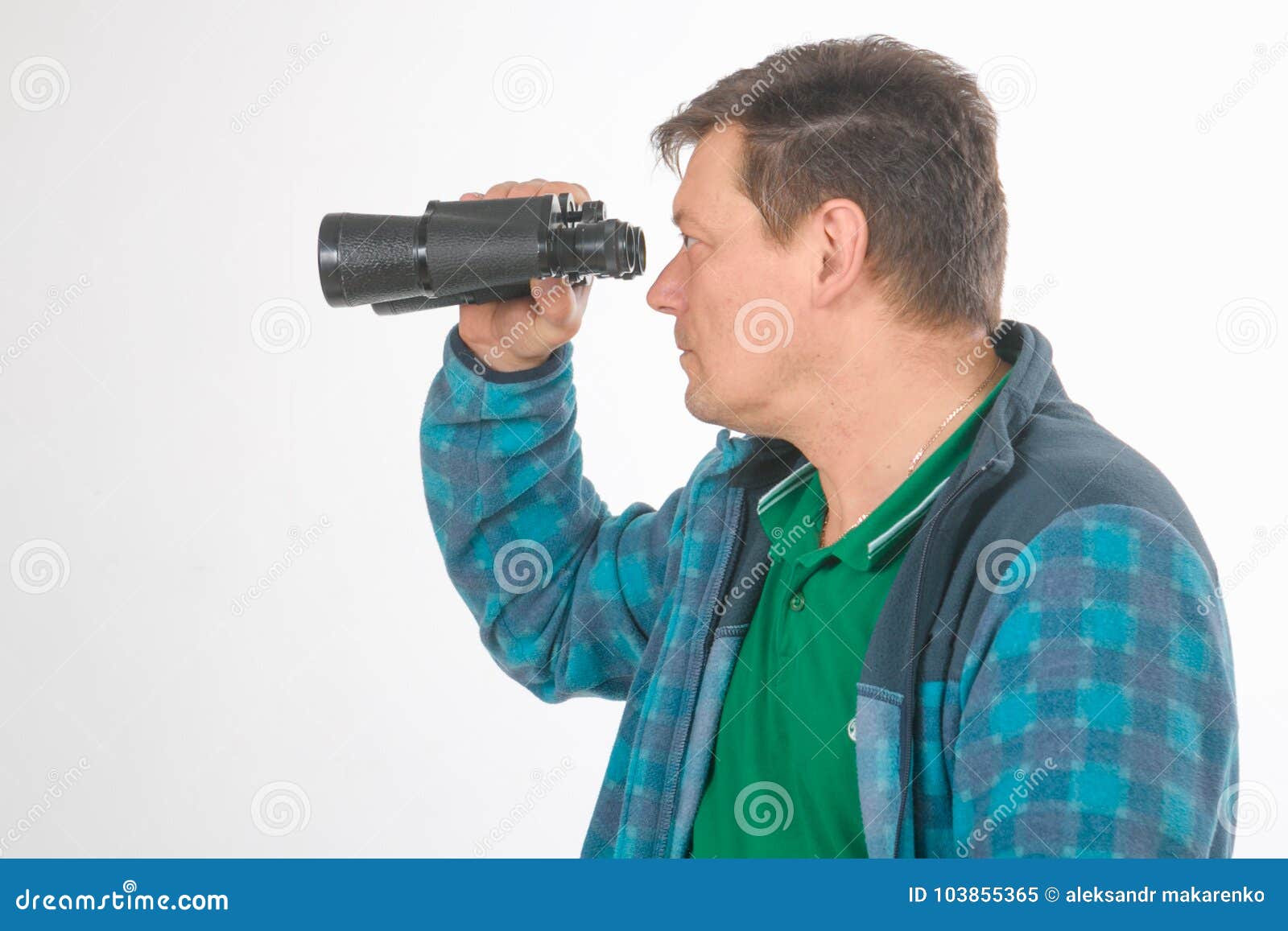 Men with Binoculars. Portrait in Studio on White. Stock Image - Image ...