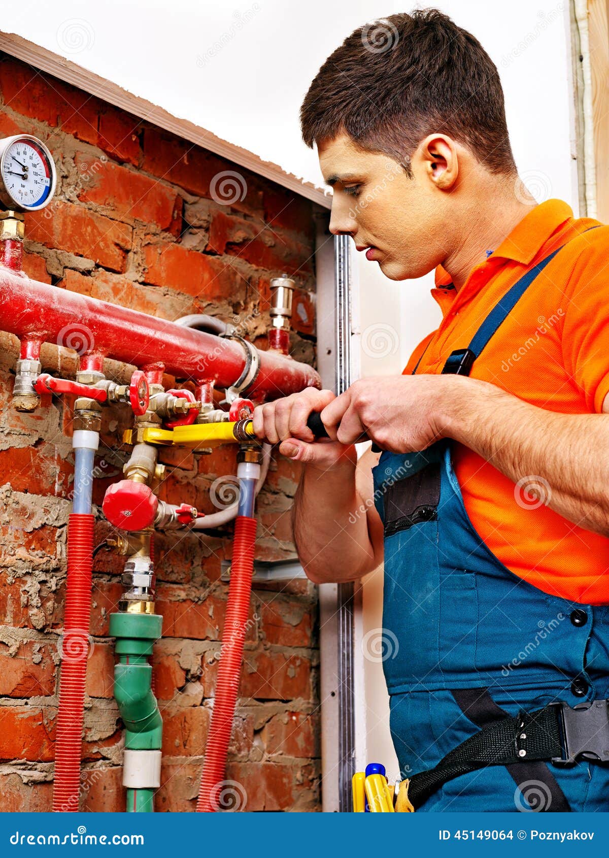 Men Builder Fixing Heating System . Stock Photo - Image of joints ...