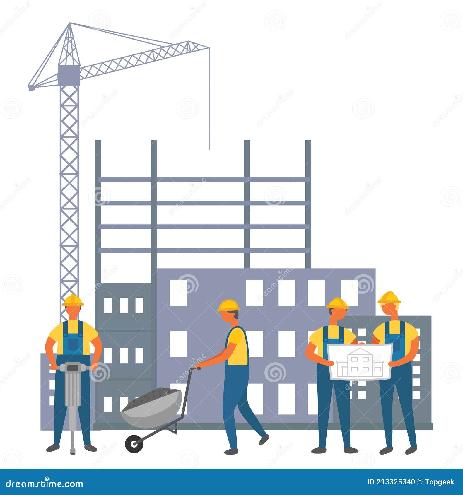 Men Builders in Uniform and Helmet Work with Equipment and Drawings on ...