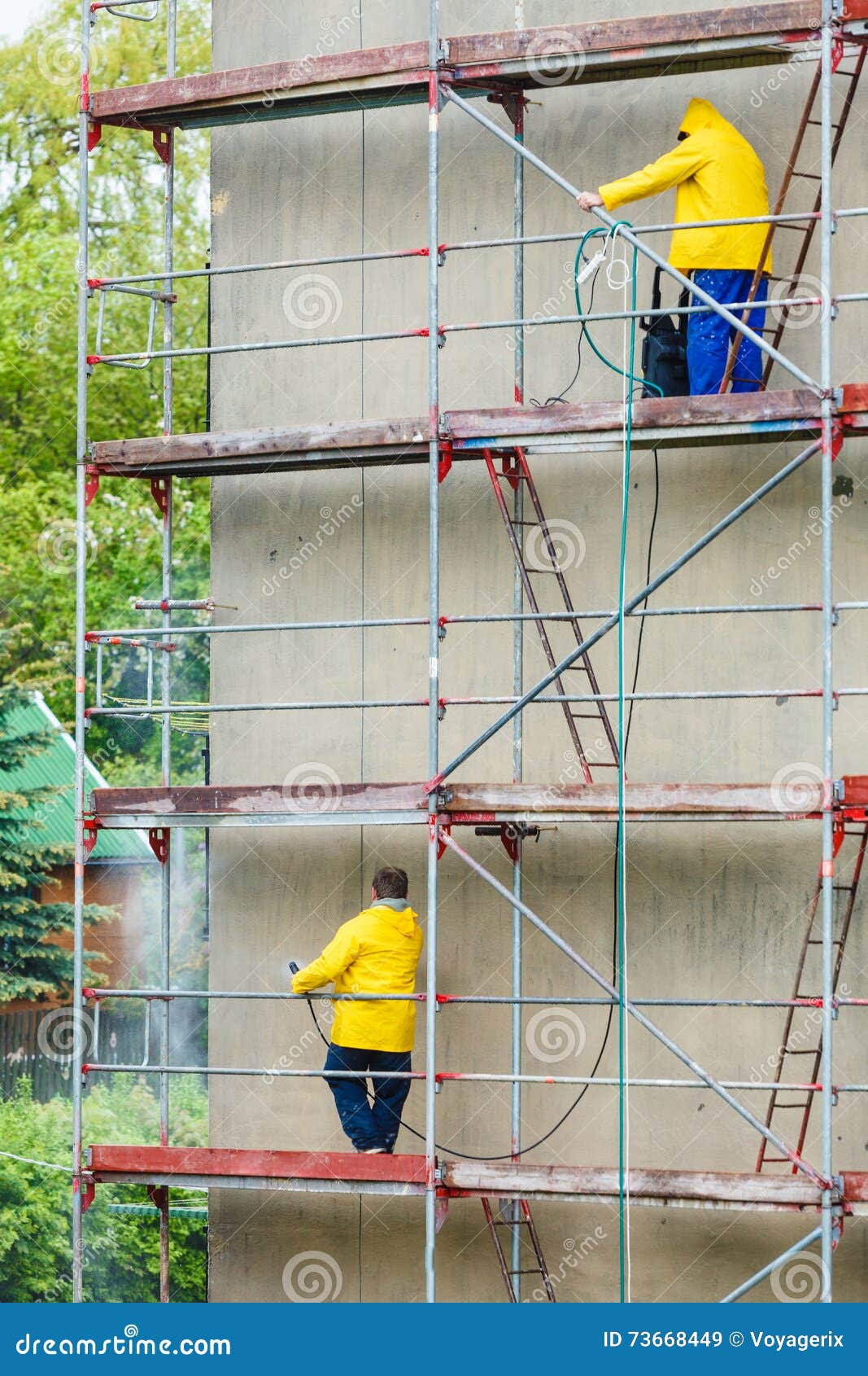 Men Cleaning Wall. Scaffolding Editorial Stock Image - Image of work ...
