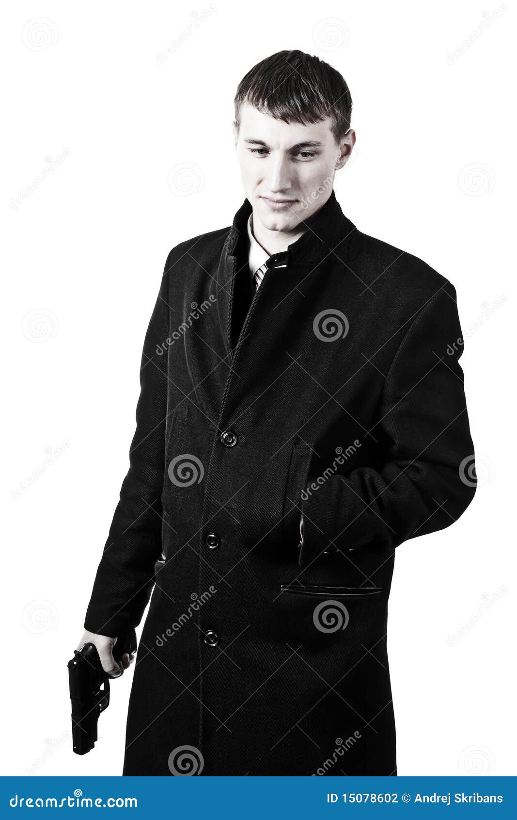 Men in coat with a gun stock photo. Image of button, crime - 15078602
