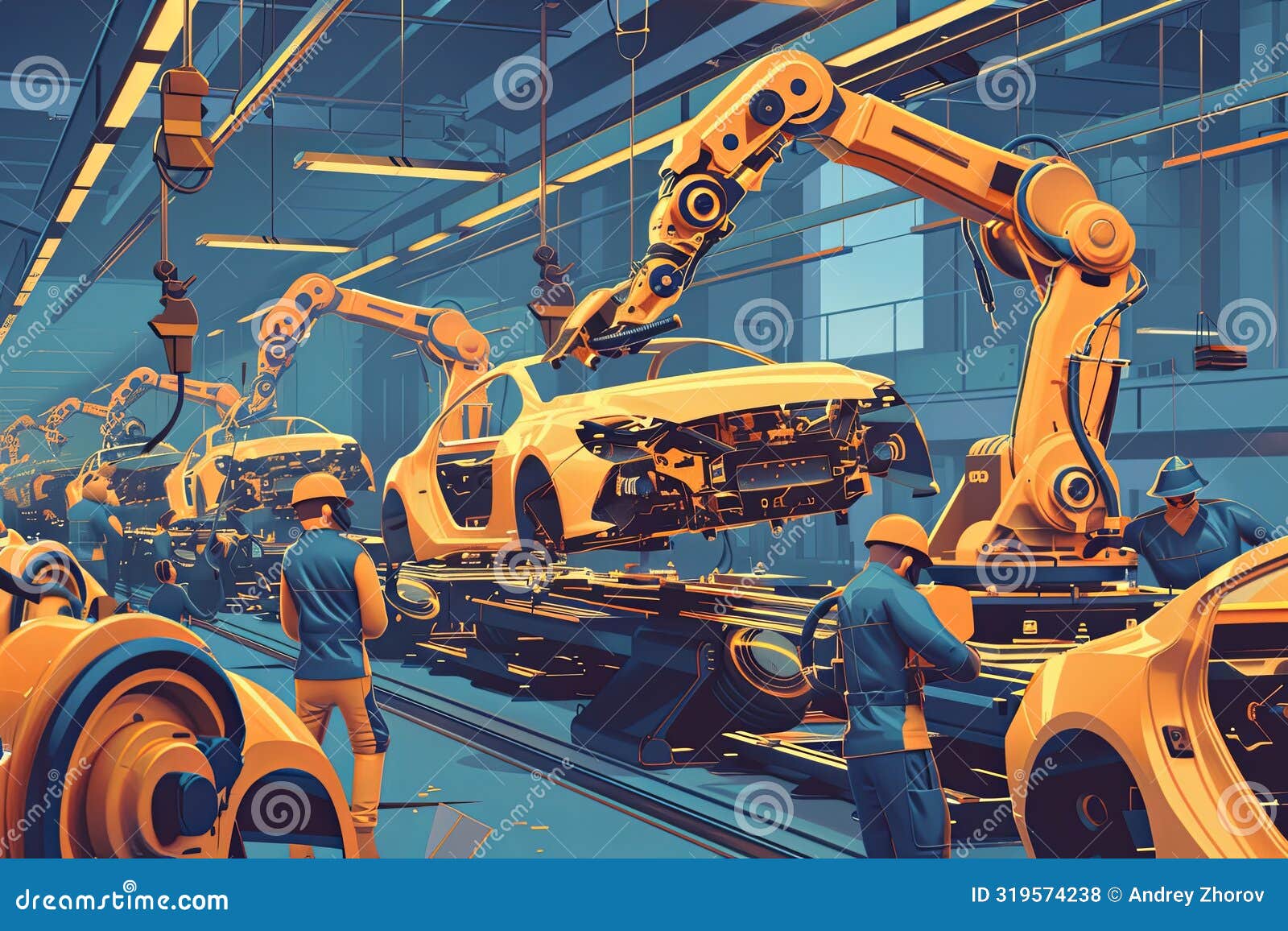 Men Collaborating on Car Assembly in Factory Setting Stock Illustration ...