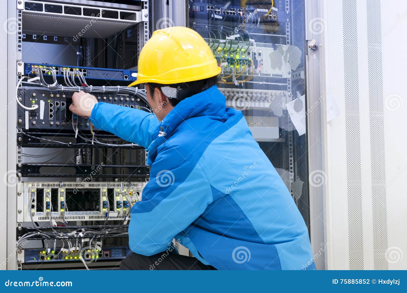 Men Connect the Network Cable To the Switch in the Engine Room Stock ...