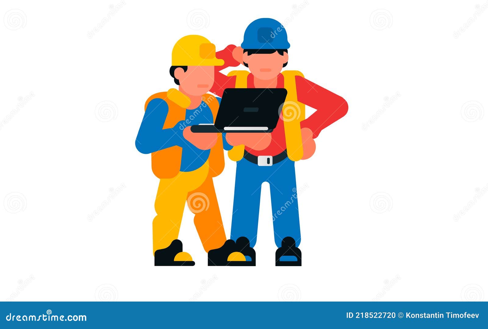 Men Construction Workers and Laptop, Computer. Vector Illustration ...