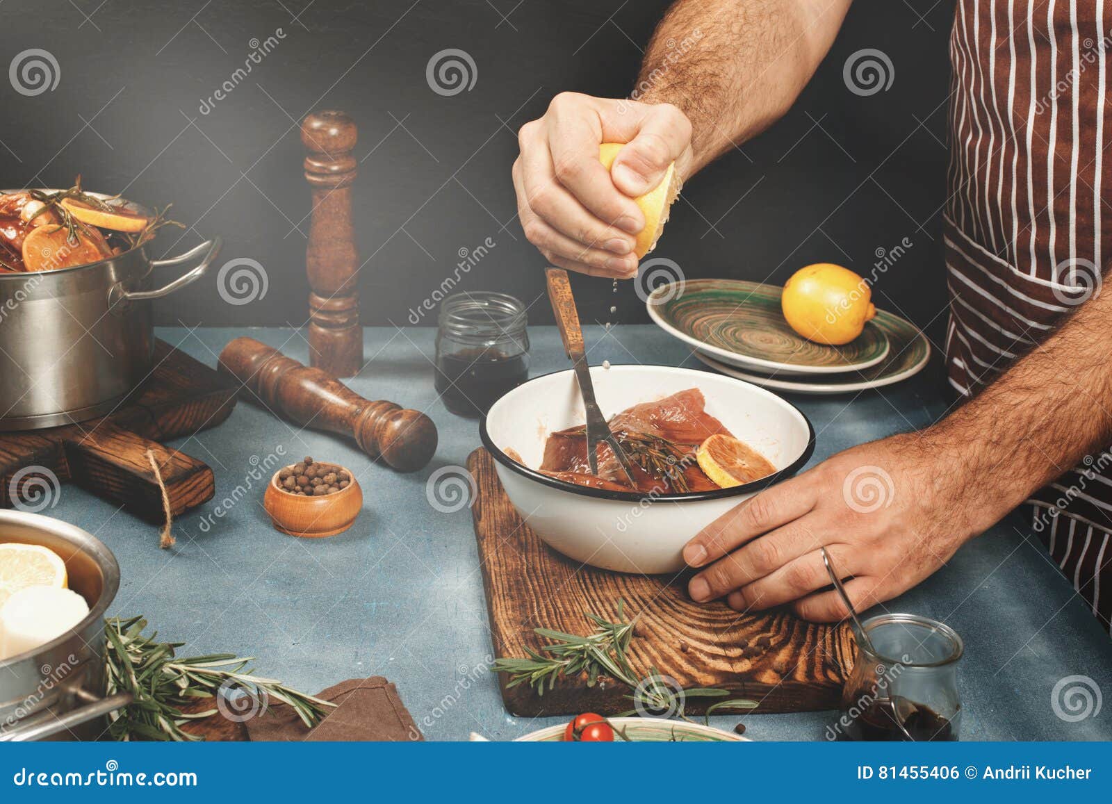 Men Cooking Beef Meat on Kitchen, Copy Space Stock Photo - Image of ...