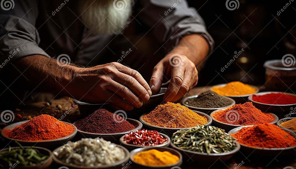 Men Cooking Indoors, Creating Vibrant, Multi Colored Indian Culinary ...
