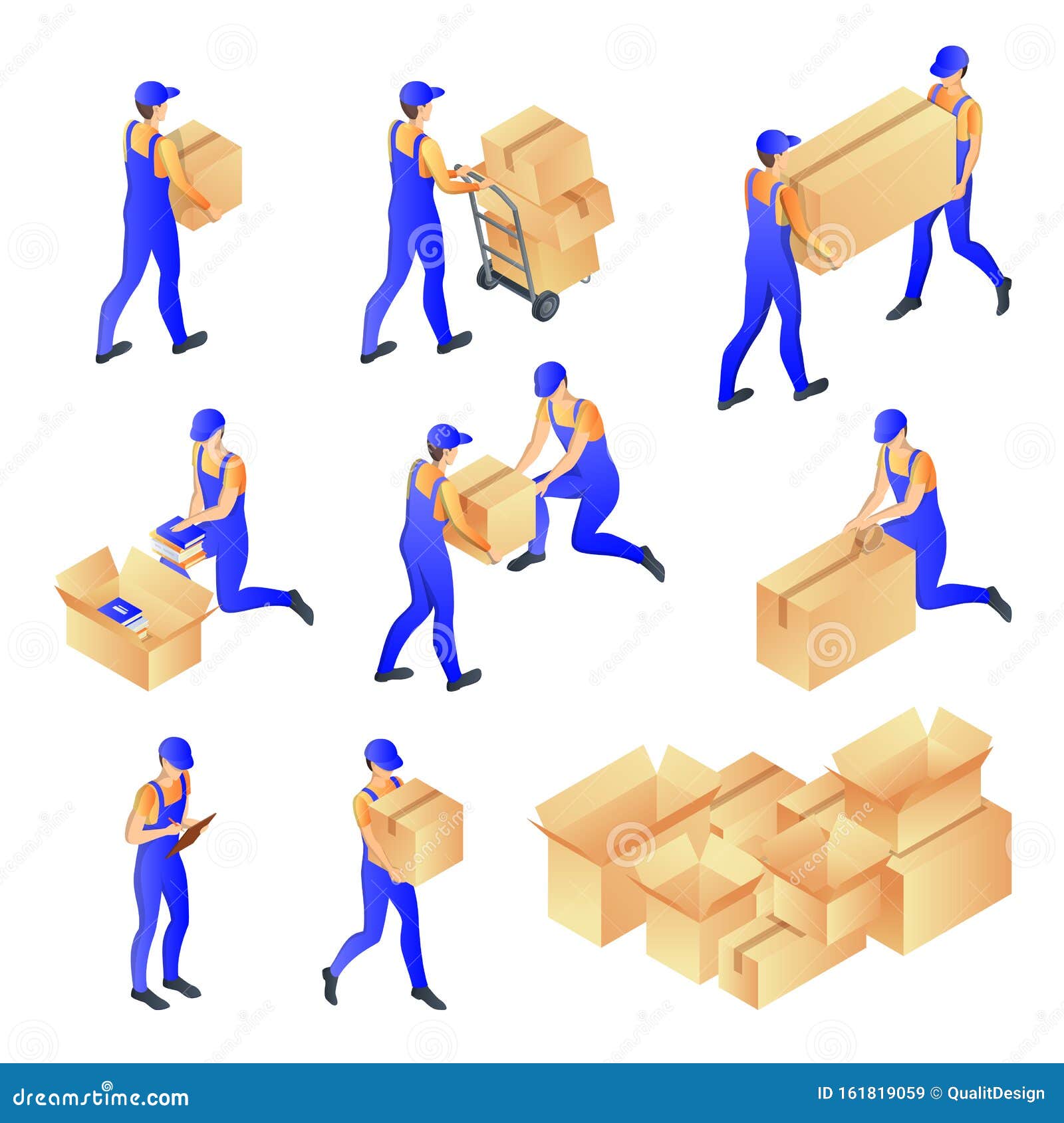 Men In Courier Uniforms Pack And Carry Mail Boxes. Vector 3d Isometric ...